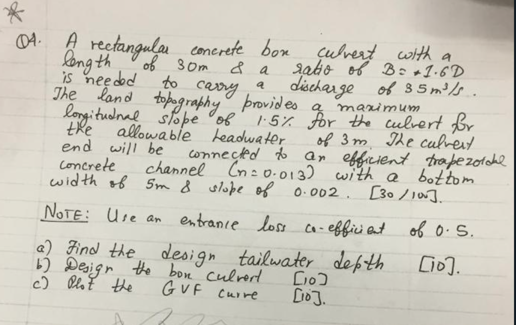 Solved Q4. A rectangular concrete box culvert with a length | Chegg.com