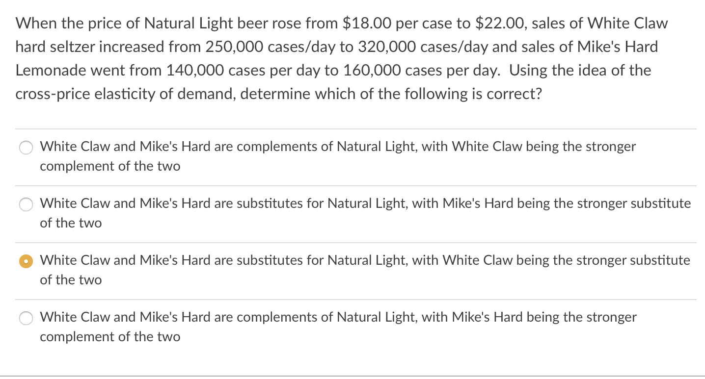Solved When the price of Natural Light beer rose from $18.00 | Chegg.com