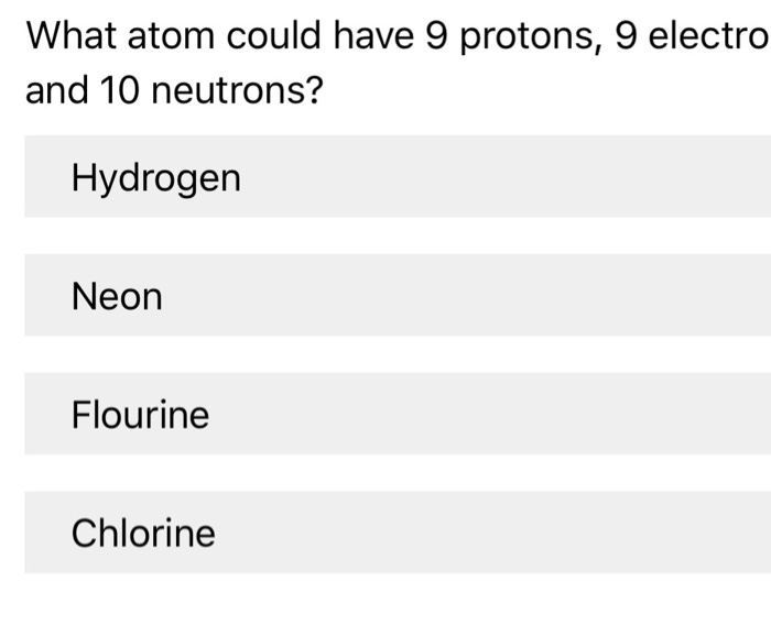 Solved What atom could have 9 protons, 9 electro and 10 | Chegg.com