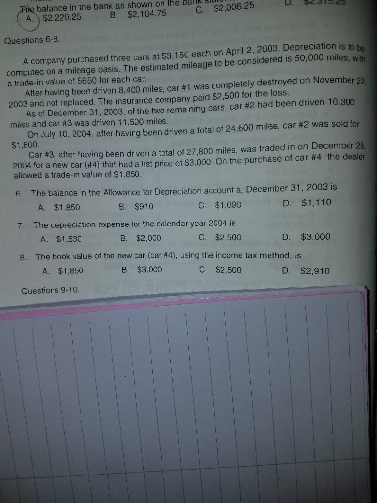 Solved balance in the bank as shown on the balk S A. | Chegg.com
