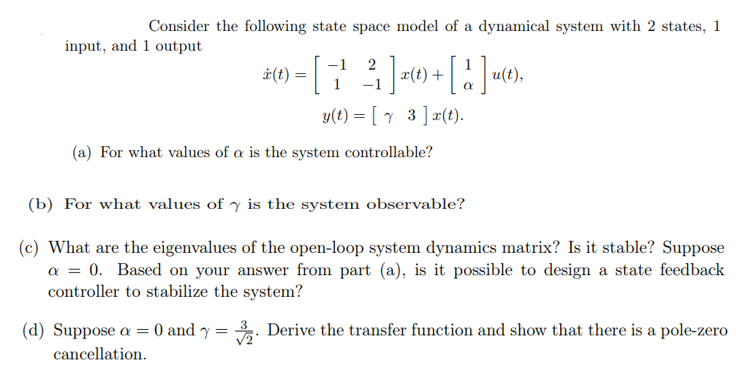 Solved Consider the following state space model of a | Chegg.com