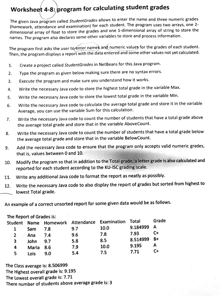 Solved orksheet 4-8:/program for calculating student grades | Chegg.com