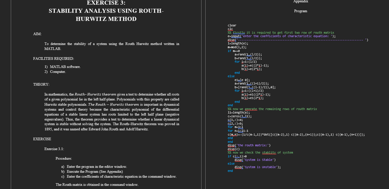 Solved STABILITY ANALYSIS USING ROUTH- Program HURWITZ | Chegg.com