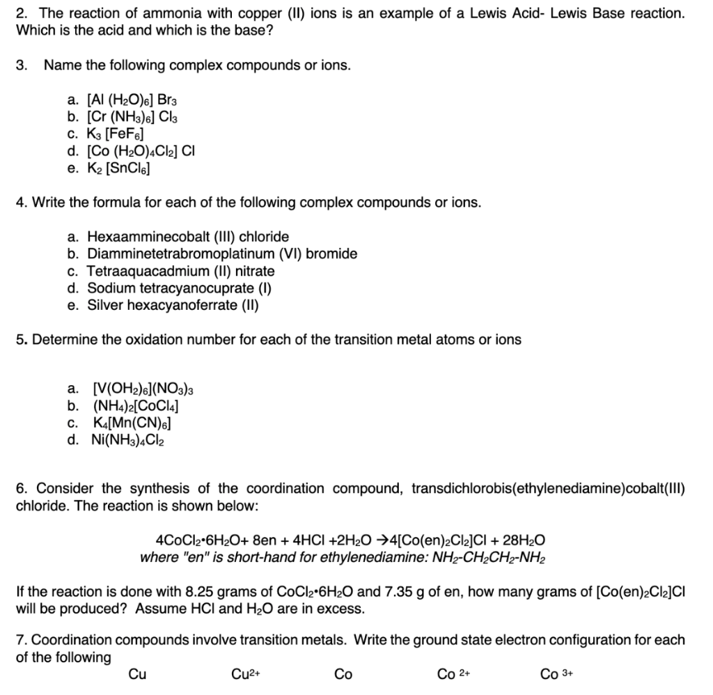 Solved 2. The reaction of ammonia with copper (II) ions is | Chegg.com