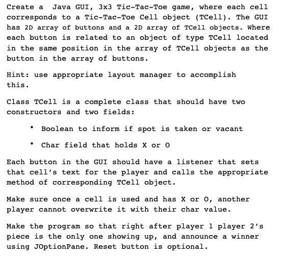 Create a Java GUI, 3x3 Tic-Tac-Toe game, where each | Chegg.com