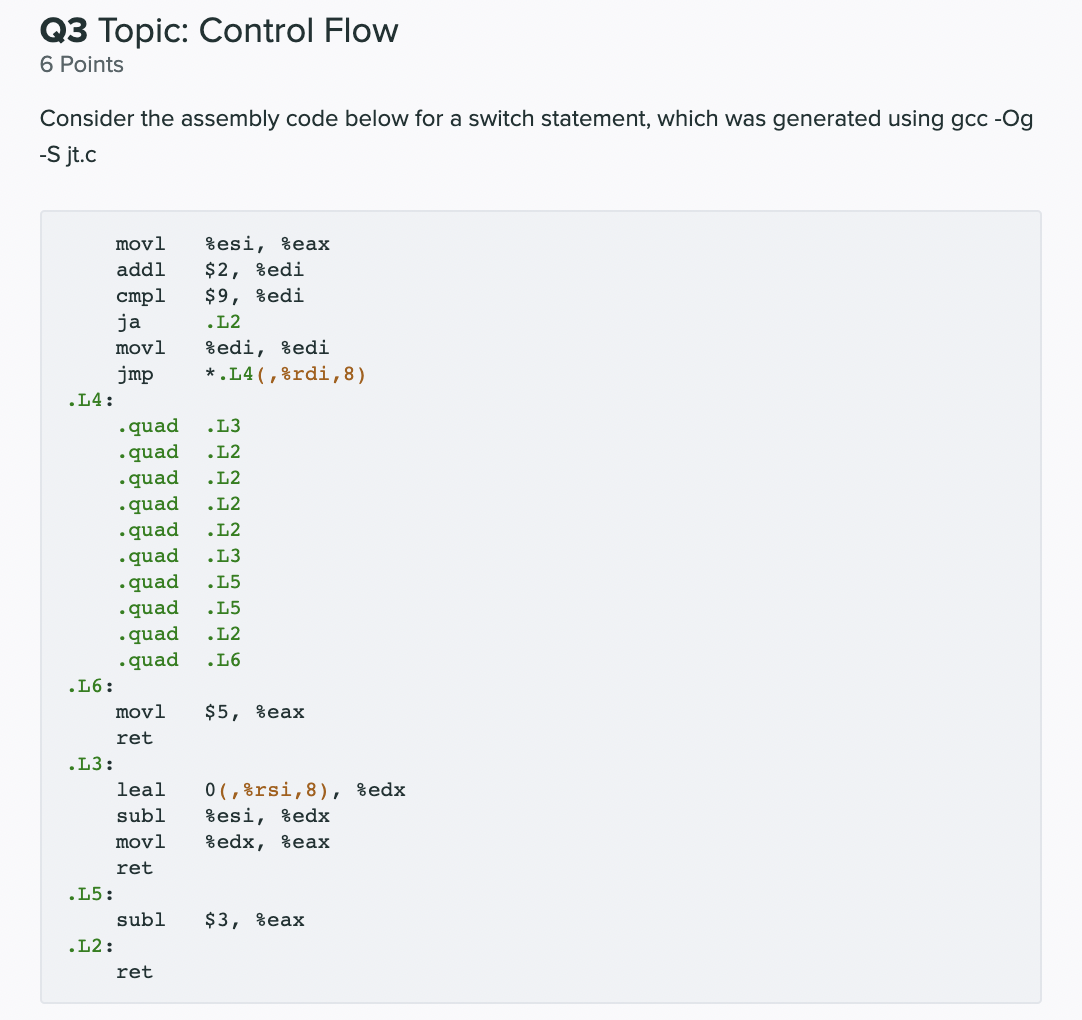 Q3 Topic: Control Flow 6 Points Consider the assembly | Chegg.com