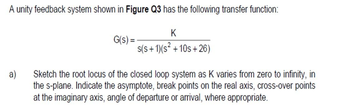Solved A unity feedback system shown in Figure Q3 has the | Chegg.com