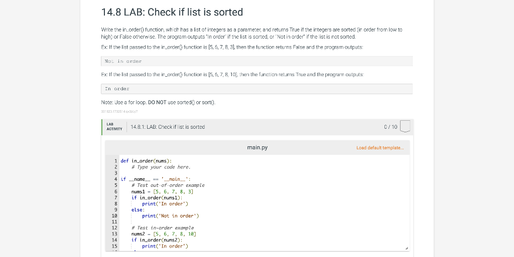 Solved 14 8 LAB Check If List Is Sorted Write The In Chegg