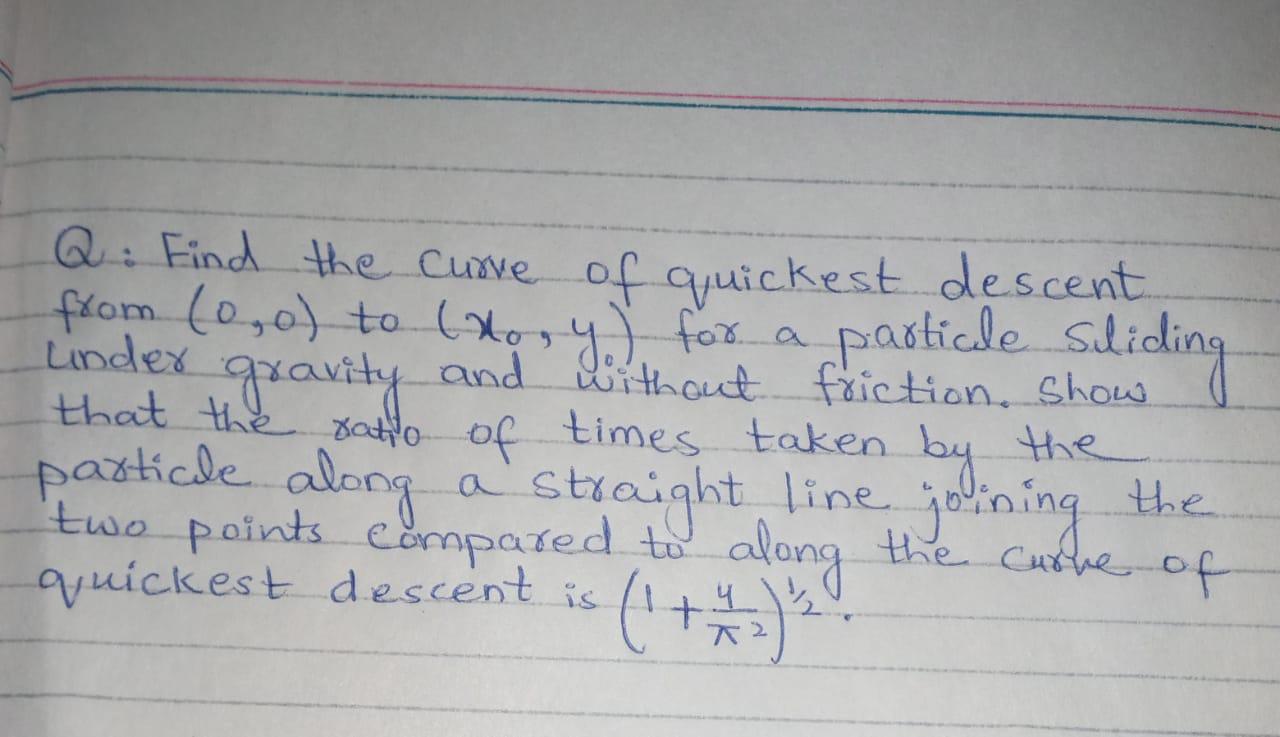 Solved Q : Find the curve of quickest descent. from (oo) to | Chegg.com