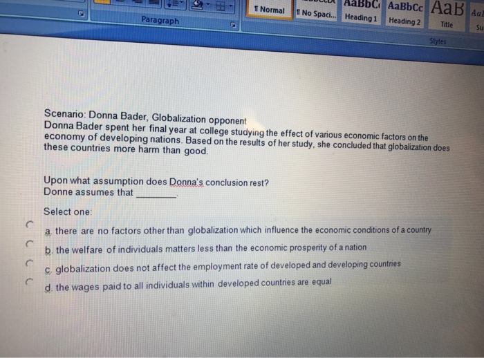Solved Scenario: Donna Bader, Globalization opponent Donna | Chegg.com