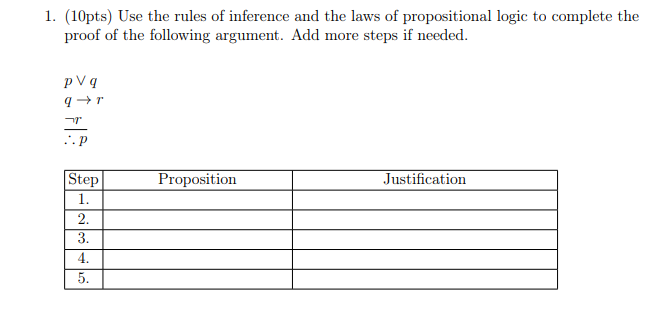 Solved 1. (10pts) Use the rules of inference and the laws of | Chegg.com