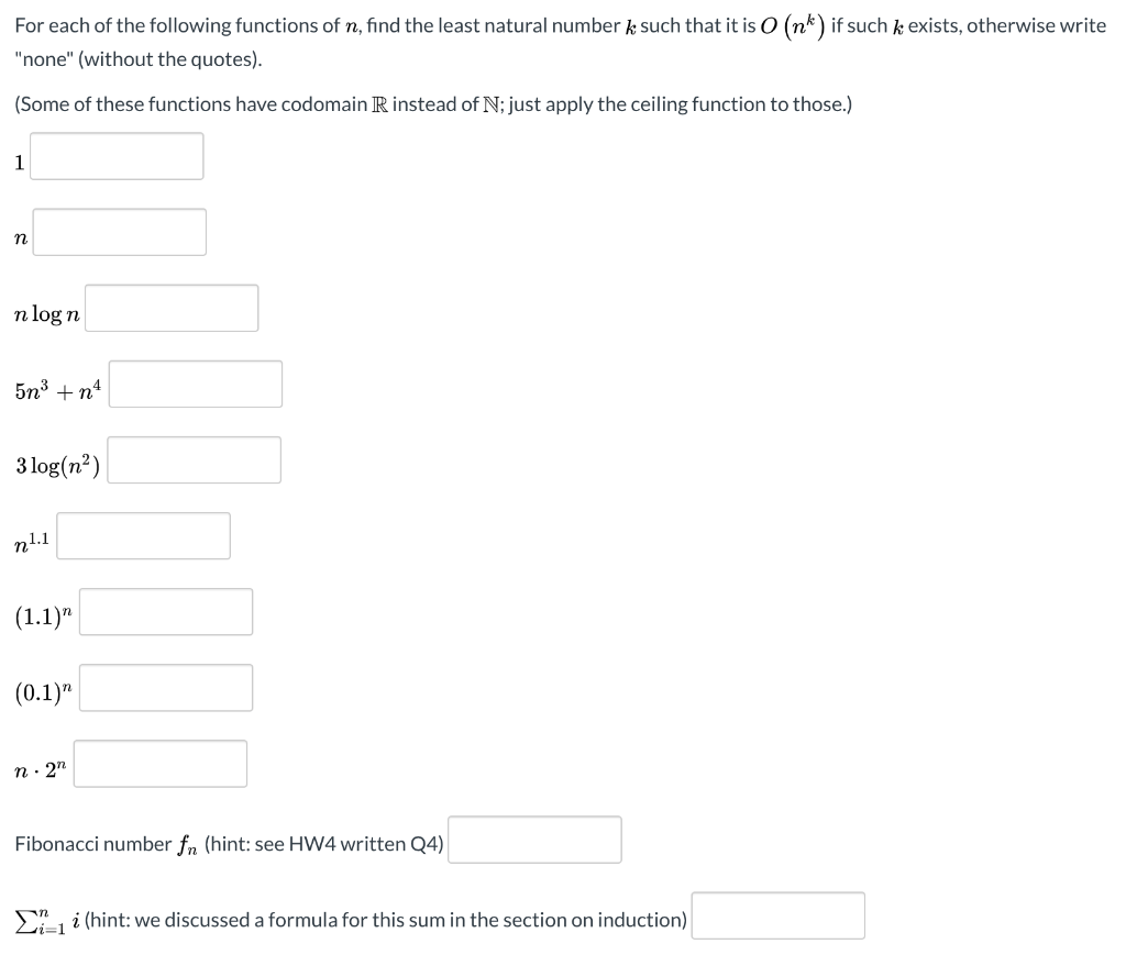 Solved For each of the following functions of n, find the | Chegg.com