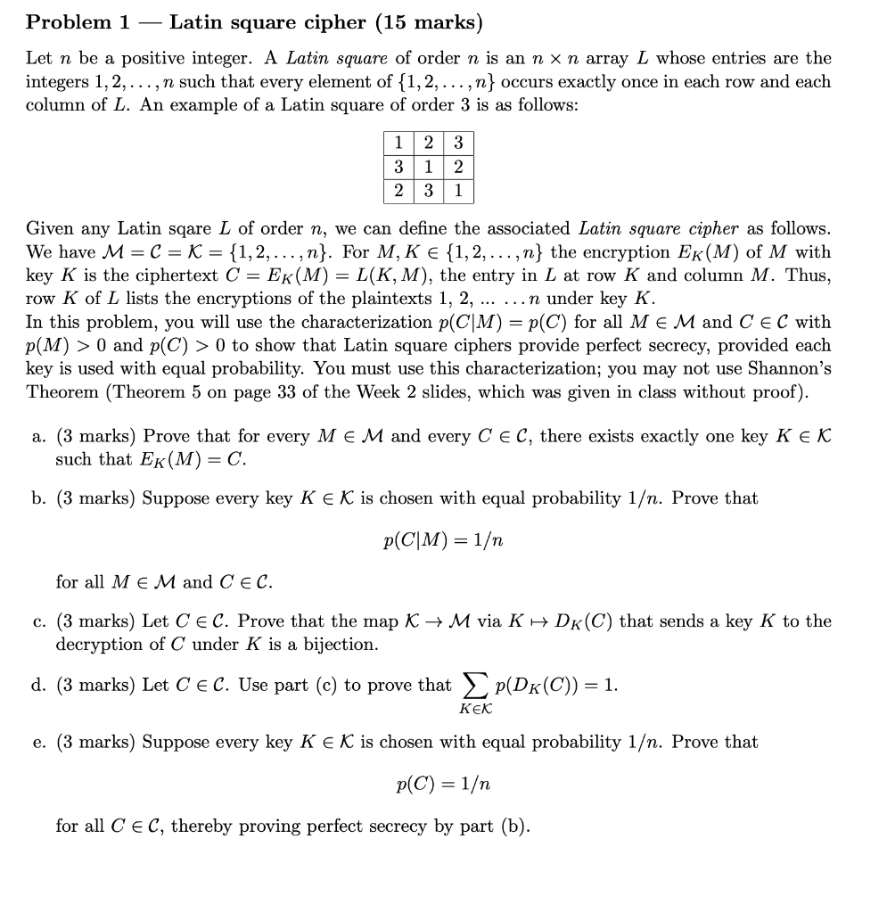 Solved Problem 1 - Latin square cipher (15 marks) Let n be a | Chegg.com
