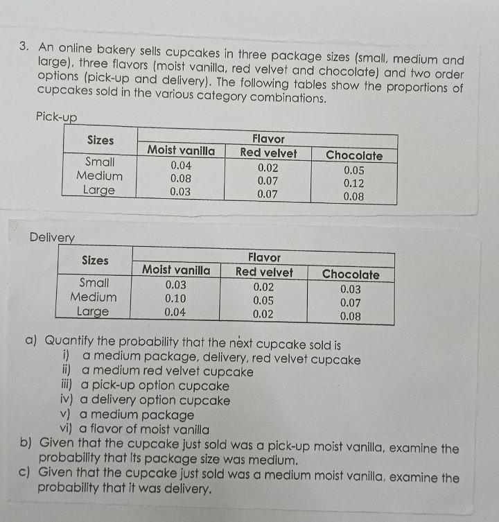 Solved 3. An online bakery sells cupcakes in three package | Chegg.com
