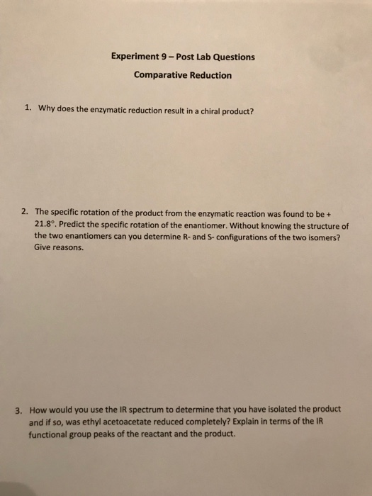 Solved Experiment 9-Post Lab Questions Comparative Reduction | Chegg.com