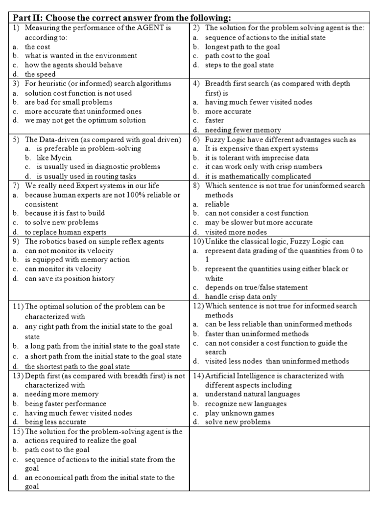 Solved a c Part II: Choose the correct answer from the | Chegg.com
