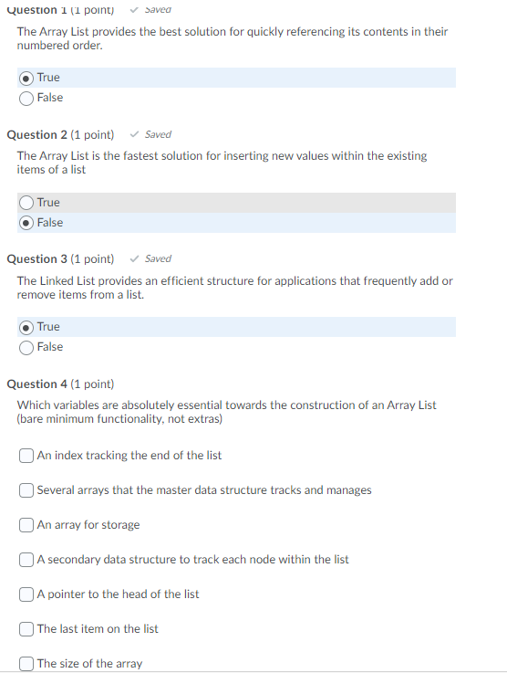 Solved Saved Question 1 1 Point The Array List Provides 