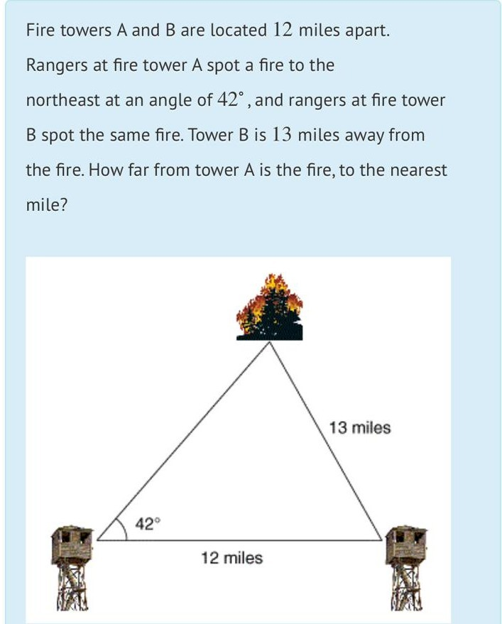 Solved Fire towers A and B are located 12 miles apart. | Chegg.com