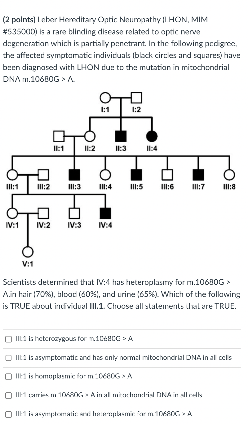 (2 points) Leber Hereditary Optic Neuropathy (LHON, | Chegg.com