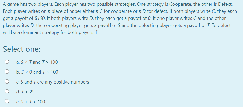 Solved A game has two players. Each player has two possible | Chegg.com