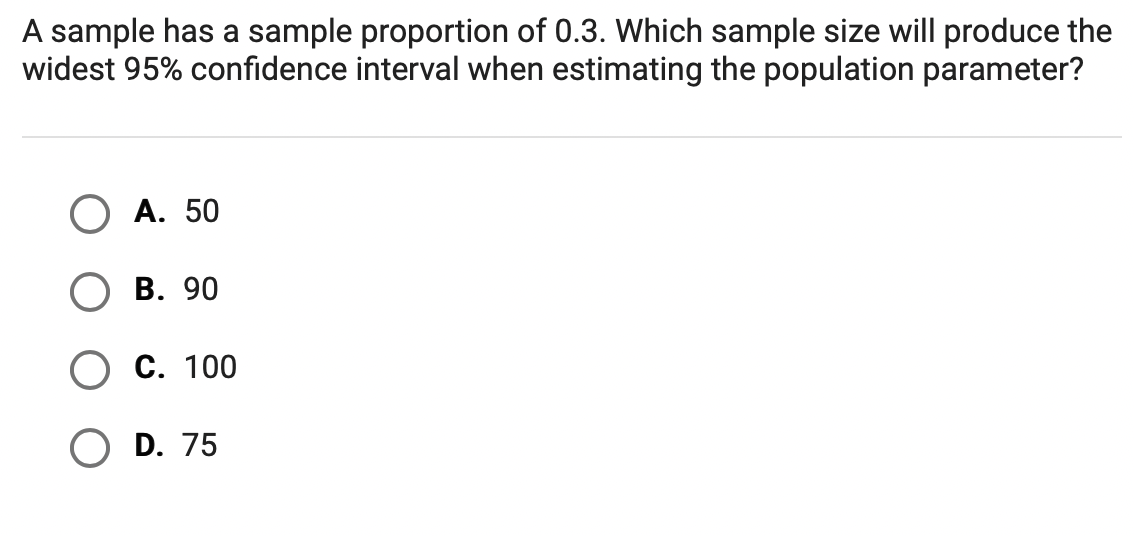 Solved A sample has a sample proportion of 0.3. Which sample | Chegg.com