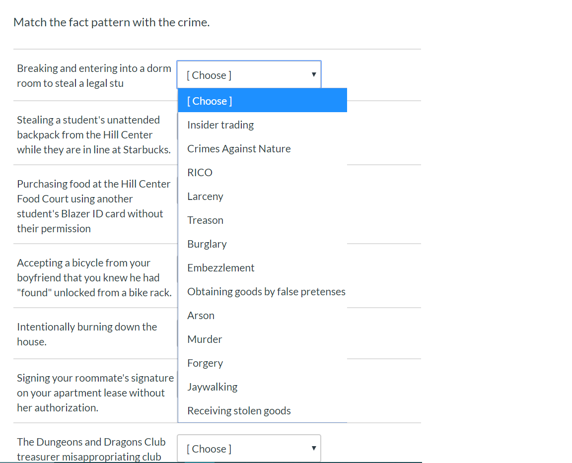 Solved Match the fact pattern with the crime. Breaking and | Chegg.com