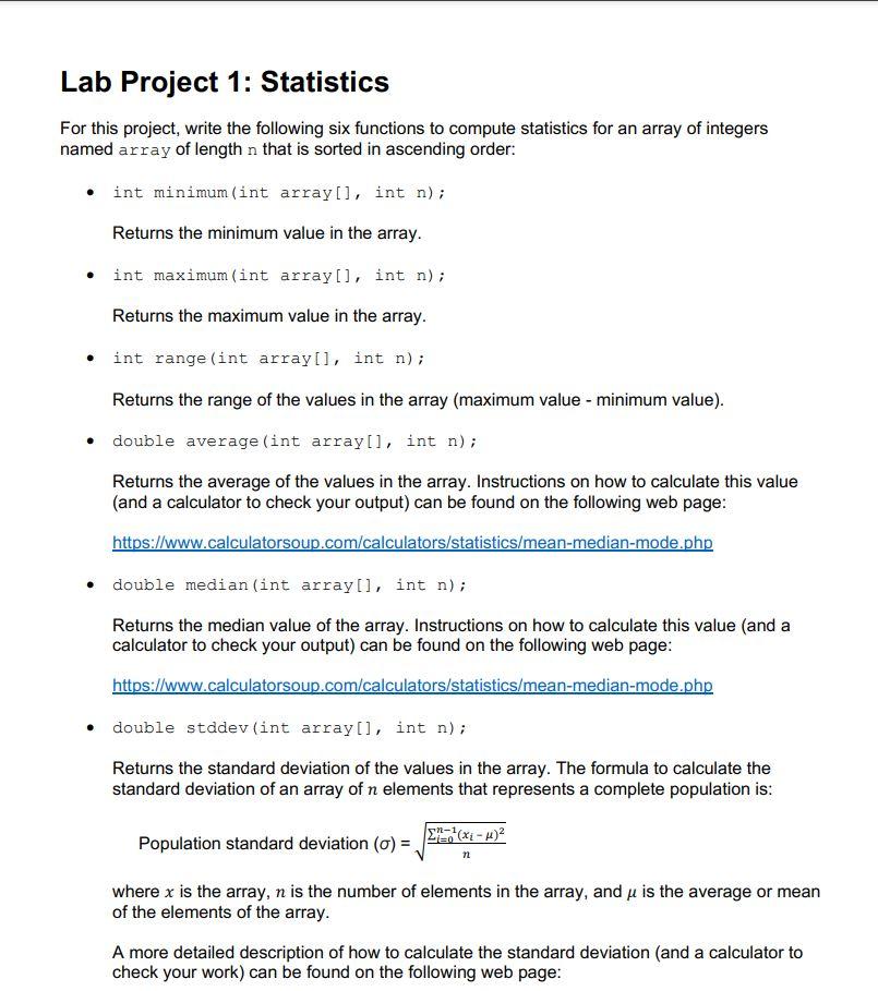 Solved Lab Project 1: Statistics For this project, write the | Chegg.com