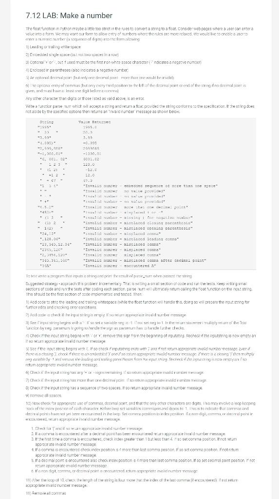 Solved 7.12 LAB: Make a number 1) Leeding or trailing white | Chegg.com