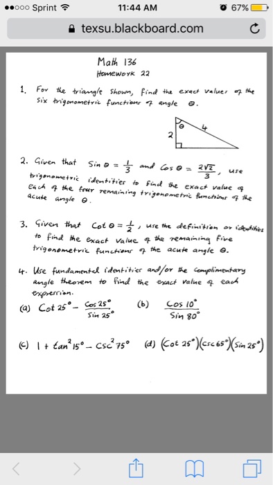Solved For the triangle shown, find the exact values of the | Chegg.com
