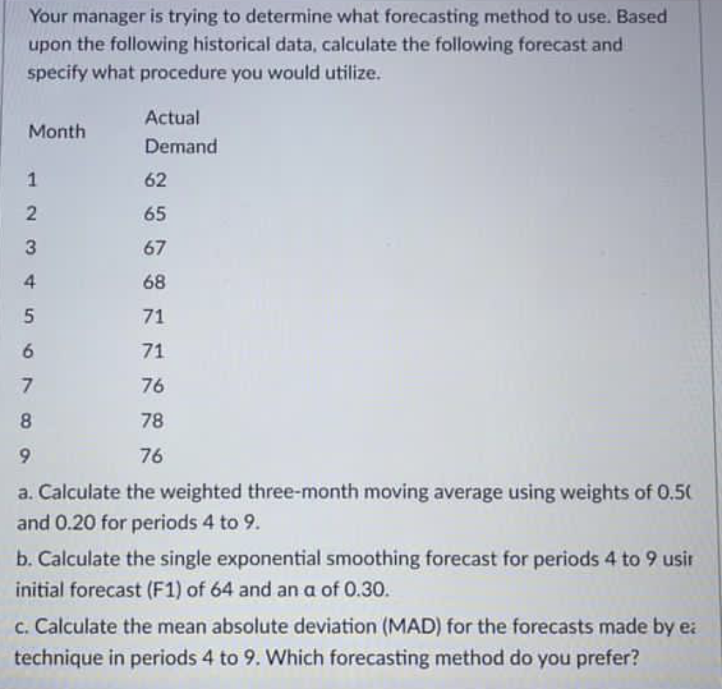 Solved Your manager is trying to determine what forecasting | Chegg.com