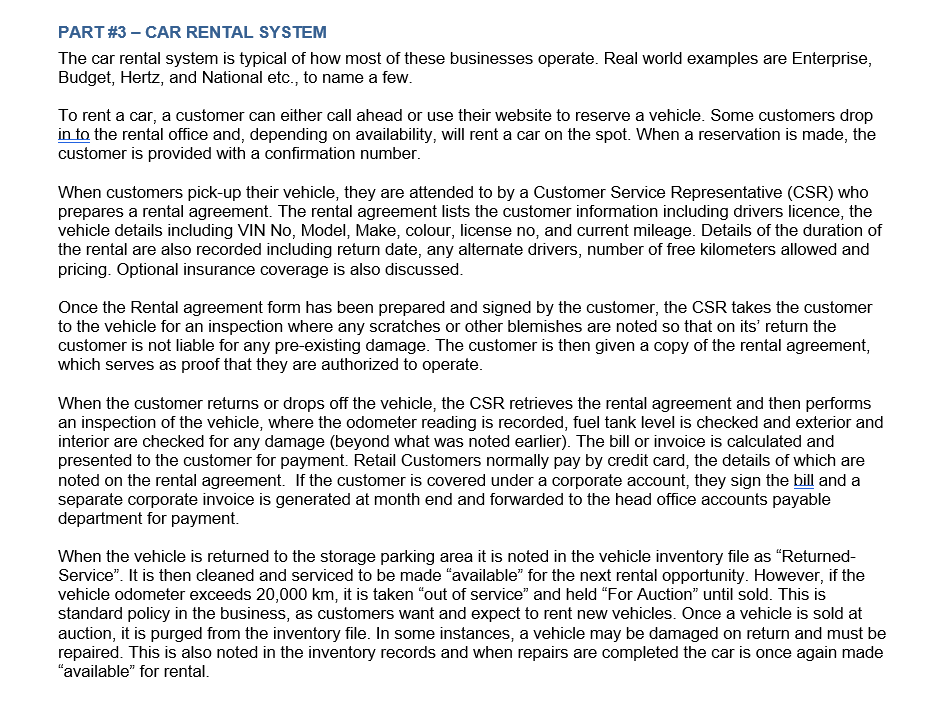 Solved PART #3 - CAR RENTAL SYSTEM The car rental system is | Chegg.com