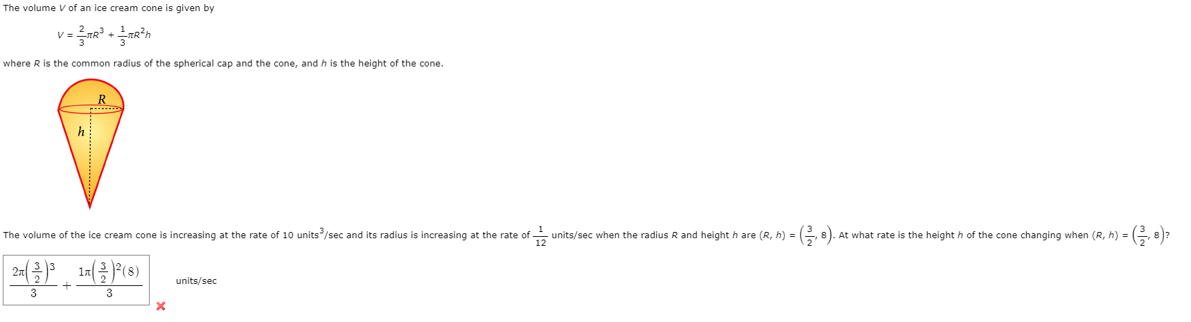 Solved The volume V of an ice cream cone is given by var en | Chegg.com