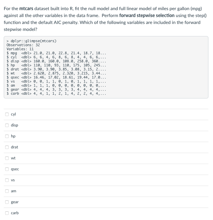 For the mtcars dataset built into R, fit the null | Chegg.com