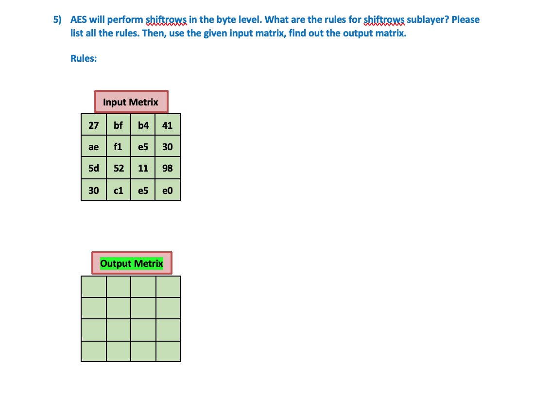 Solved 5 Aes Will Perform Shiftrows In The Byte Level What