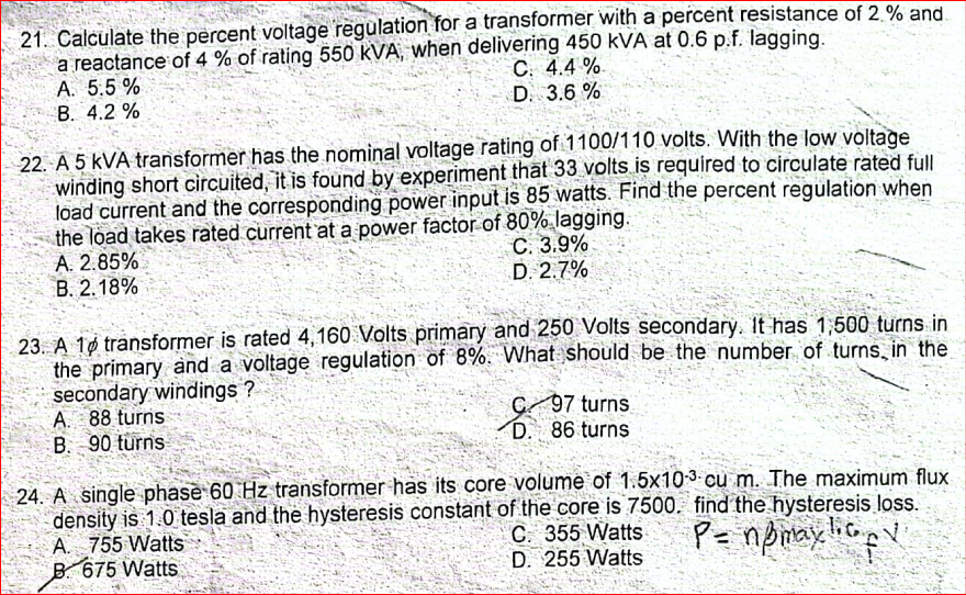 Solved 21. Calculate the percent voltage regulation for a | Chegg.com