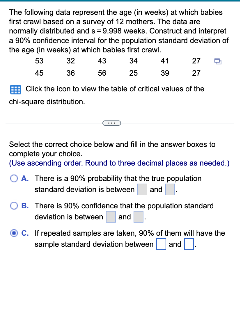Solved The following data represent the age (in weeks) at | Chegg.com
