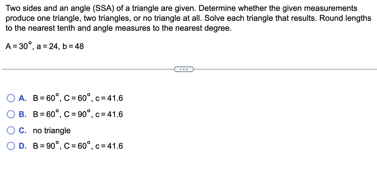 Solved Two sides and an angle (SSA) of a triangle are given. | Chegg.com