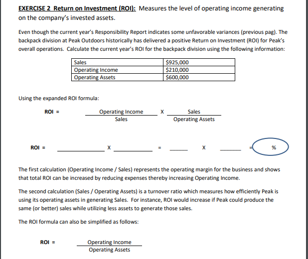 Solved EXERCISE 2 Return on Investment (ROI): Measures the | Chegg.com