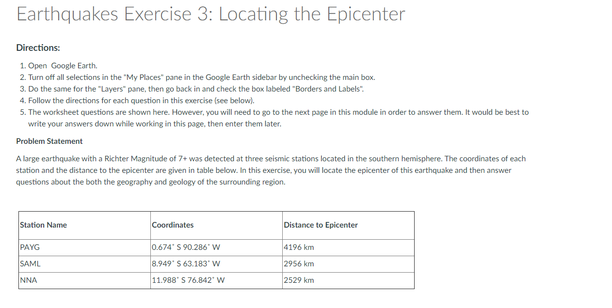 Earthquakes Exercise 3: Locating the Epicenter | Chegg.com