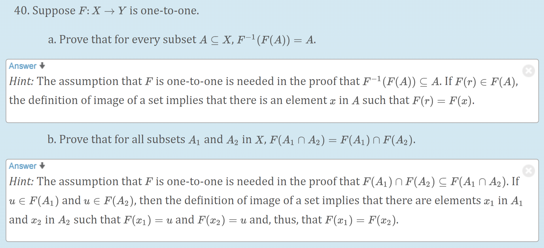 Solved 40. Suppose F:X→Y is one-to-one. a. Prove that for | Chegg.com