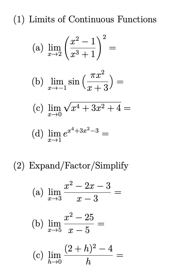 Solved (1) Limits of Continuous Functions 21 a) lim ㄫㄨ (b) | Chegg.com