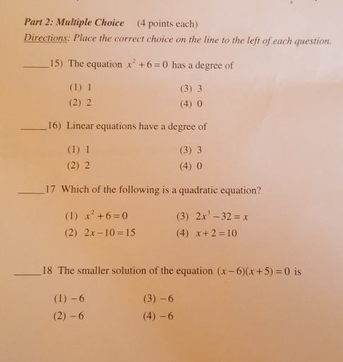 Solved Part 2: Multiple Choice (4 points each) Directions: | Chegg.com