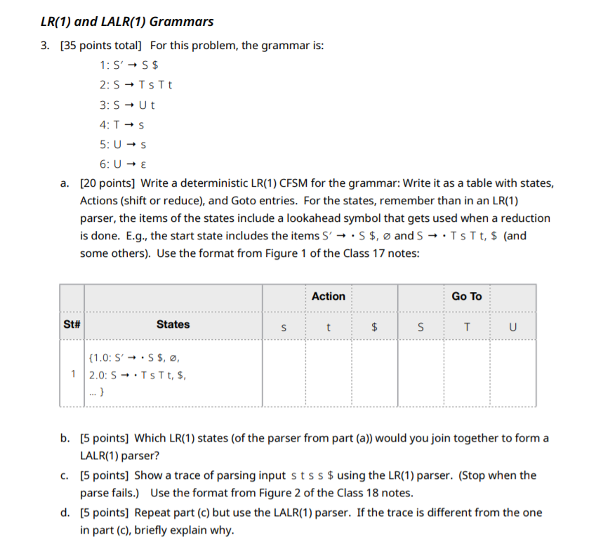LR(1) and LALR(1) Grammars 3. [35 points total] For | Chegg.com