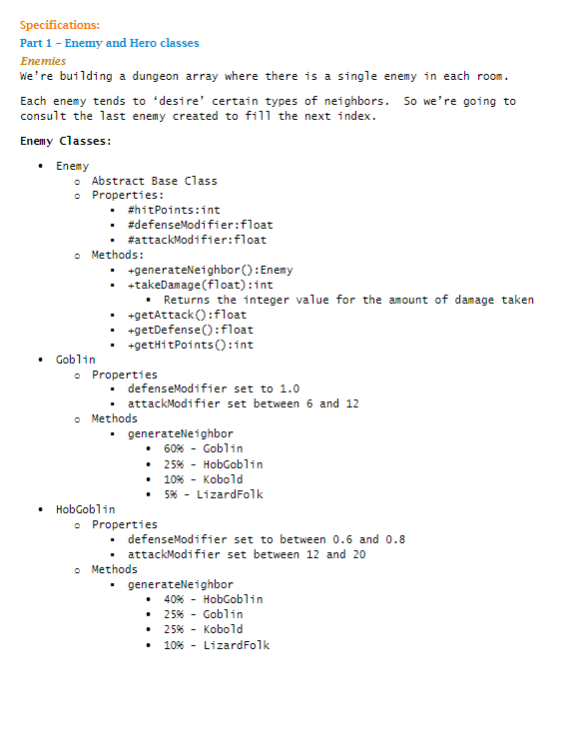 Solved Specifications: Part 1 - Enemy and Hero classes | Chegg.com