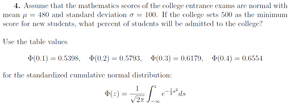 Solved 4. Assume that the mathematics scores of the college | Chegg.com