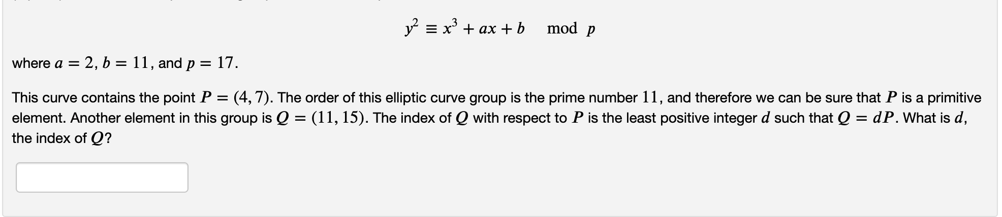 Solved y² = x³ + ax + b mod p where a = 2, b = 11, and p = | Chegg.com
