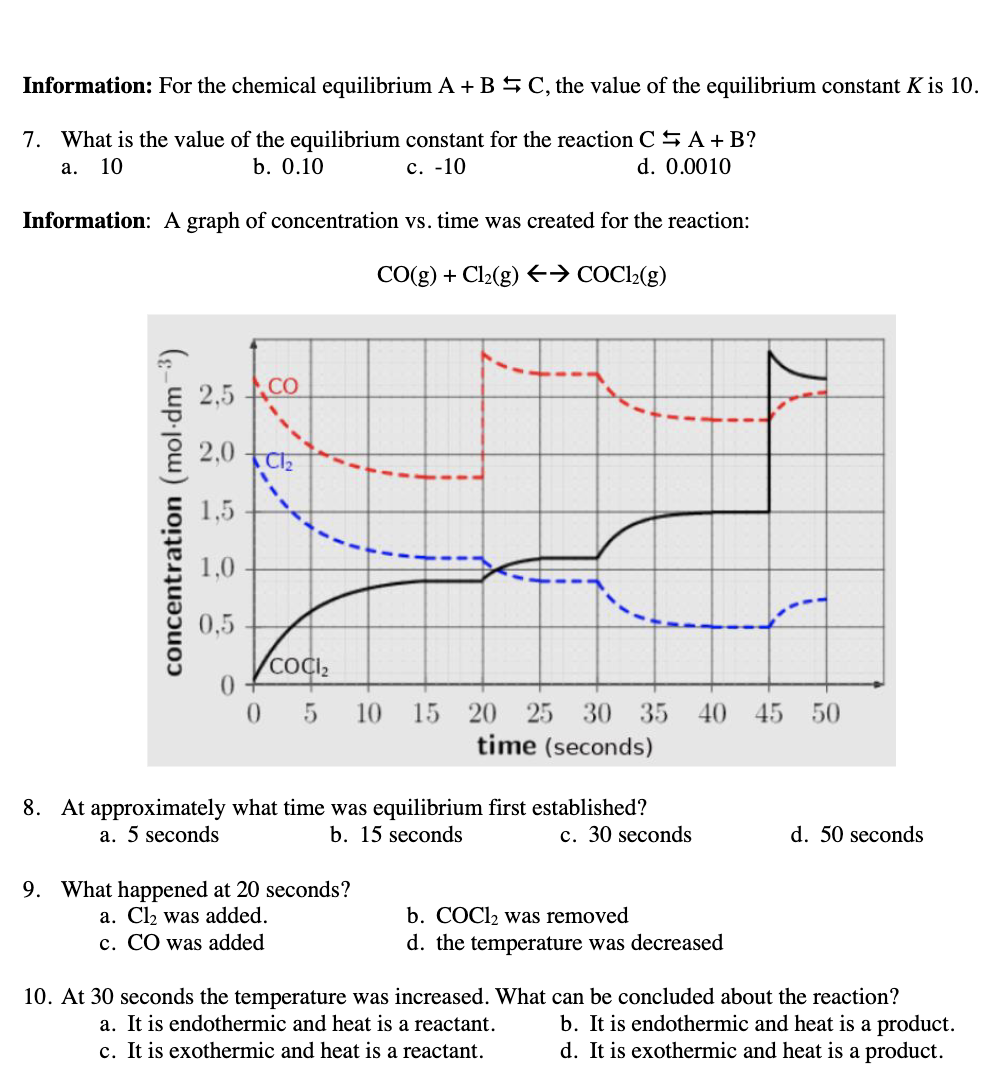 Solved Information: For the chemical equilibrium A+B⇆C, the | Chegg.com