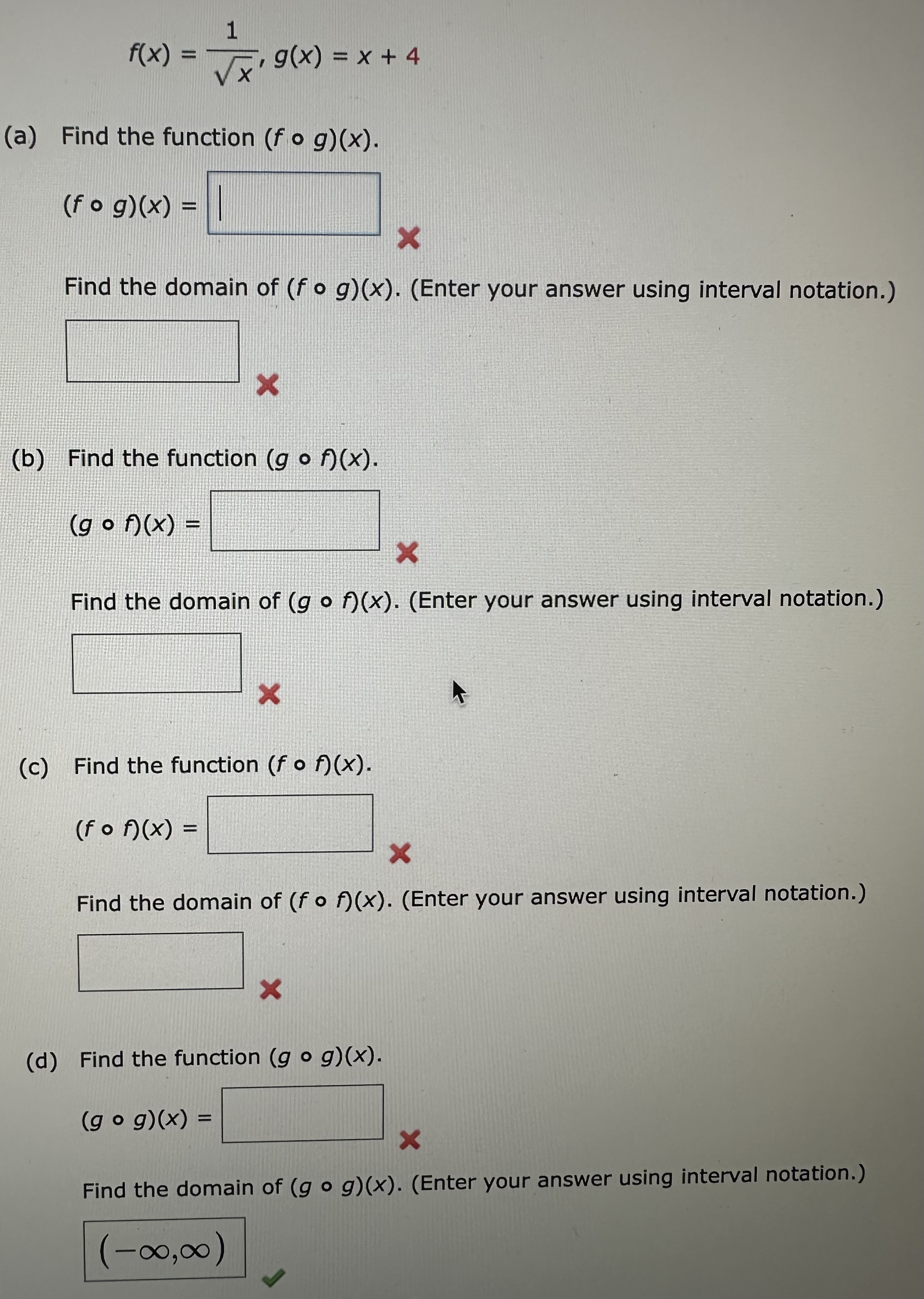 Solved f(x)=x1,g(x)=x+4 (a) Find the function (f∘g)(x). | Chegg.com