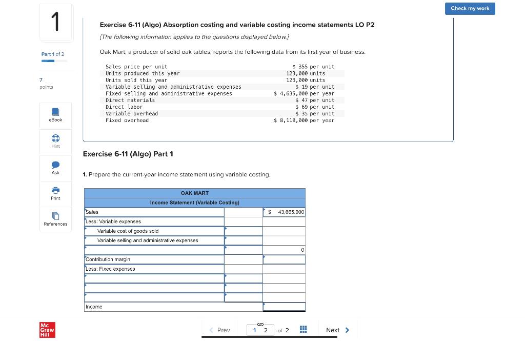 Solved Exercise 6 11 Algo Absorption Costing And Variable