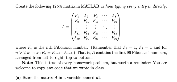 Solved Create the following 12×8 matrix in MATLAB without | Chegg.com